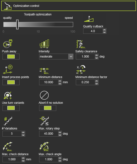 Toolpath optimization control parameters